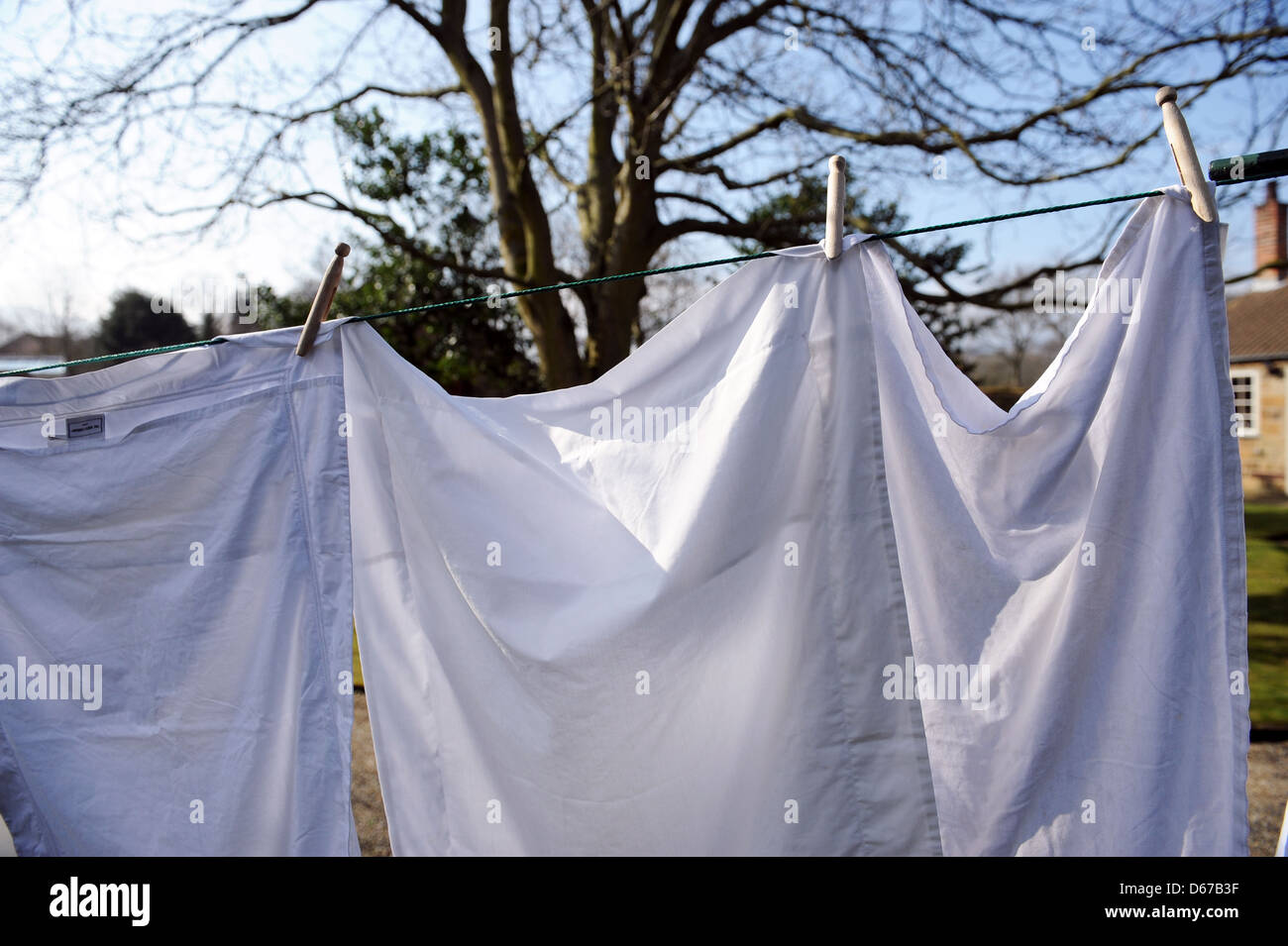 A line of washing on a washing line in a north yorkshire garden in ...