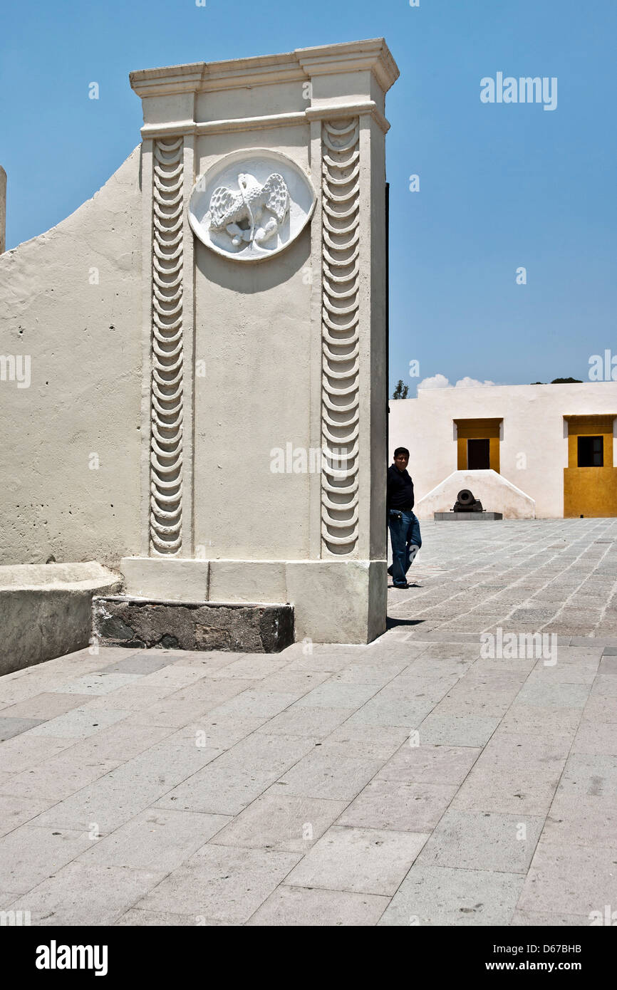 restored pylon at entrance to Fort Loreto with plaster medallion ...