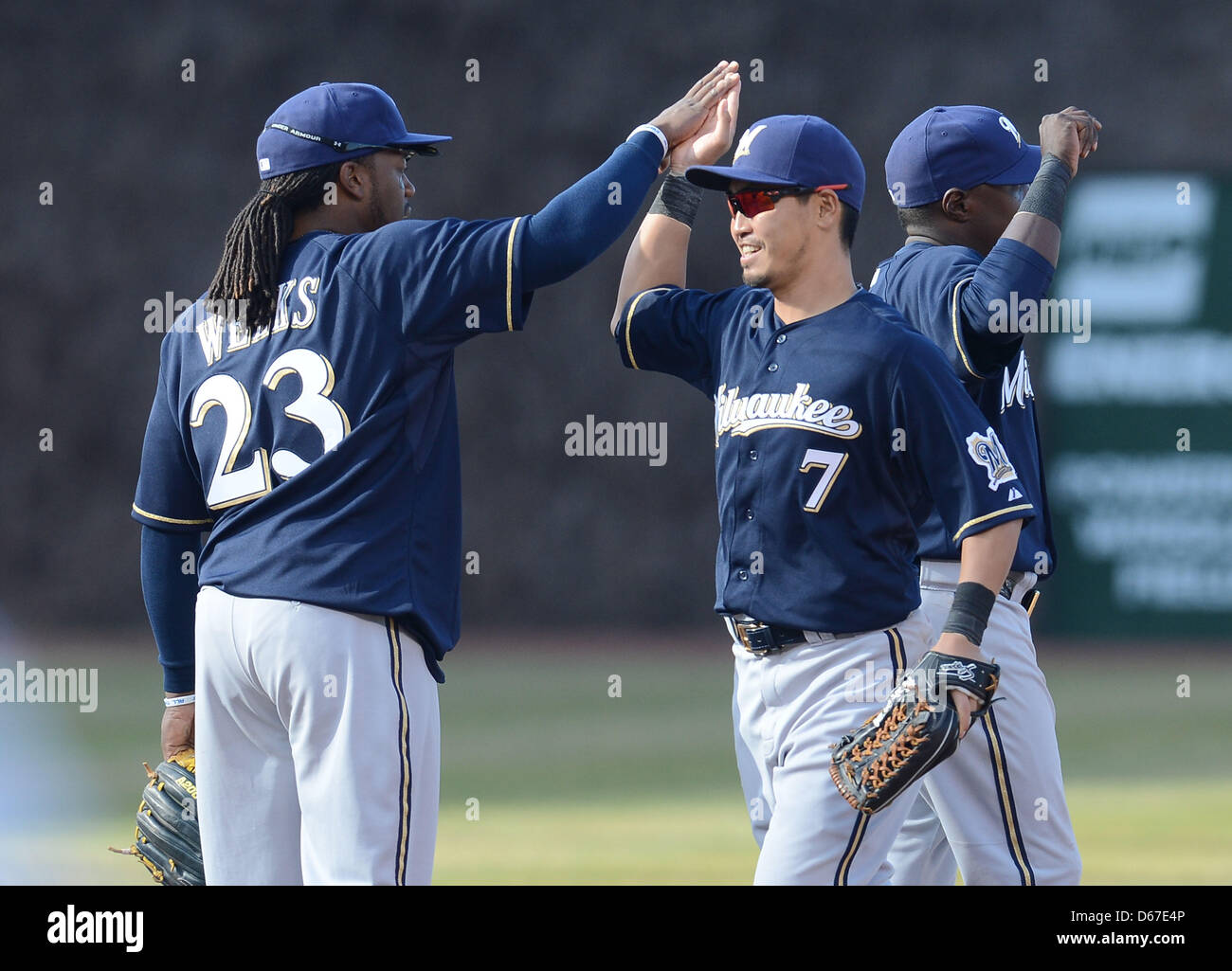 (L-R) Rickie Weeks, Norichika Aoki (Brewers), APRIL 8, 2013 - MLB ...