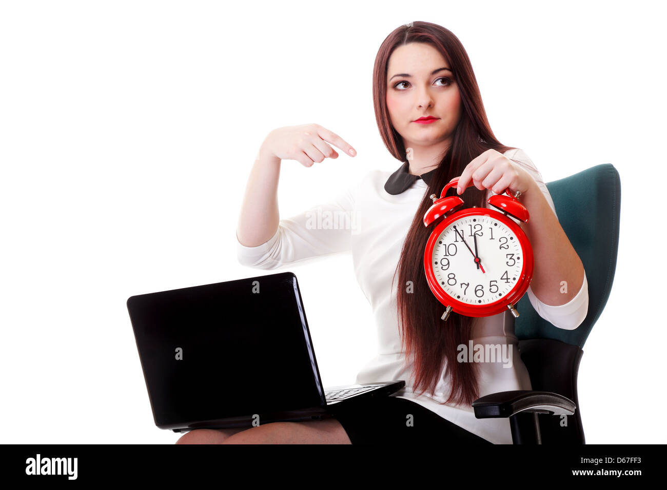 Young business woman with red clock white background. Deadline time ...