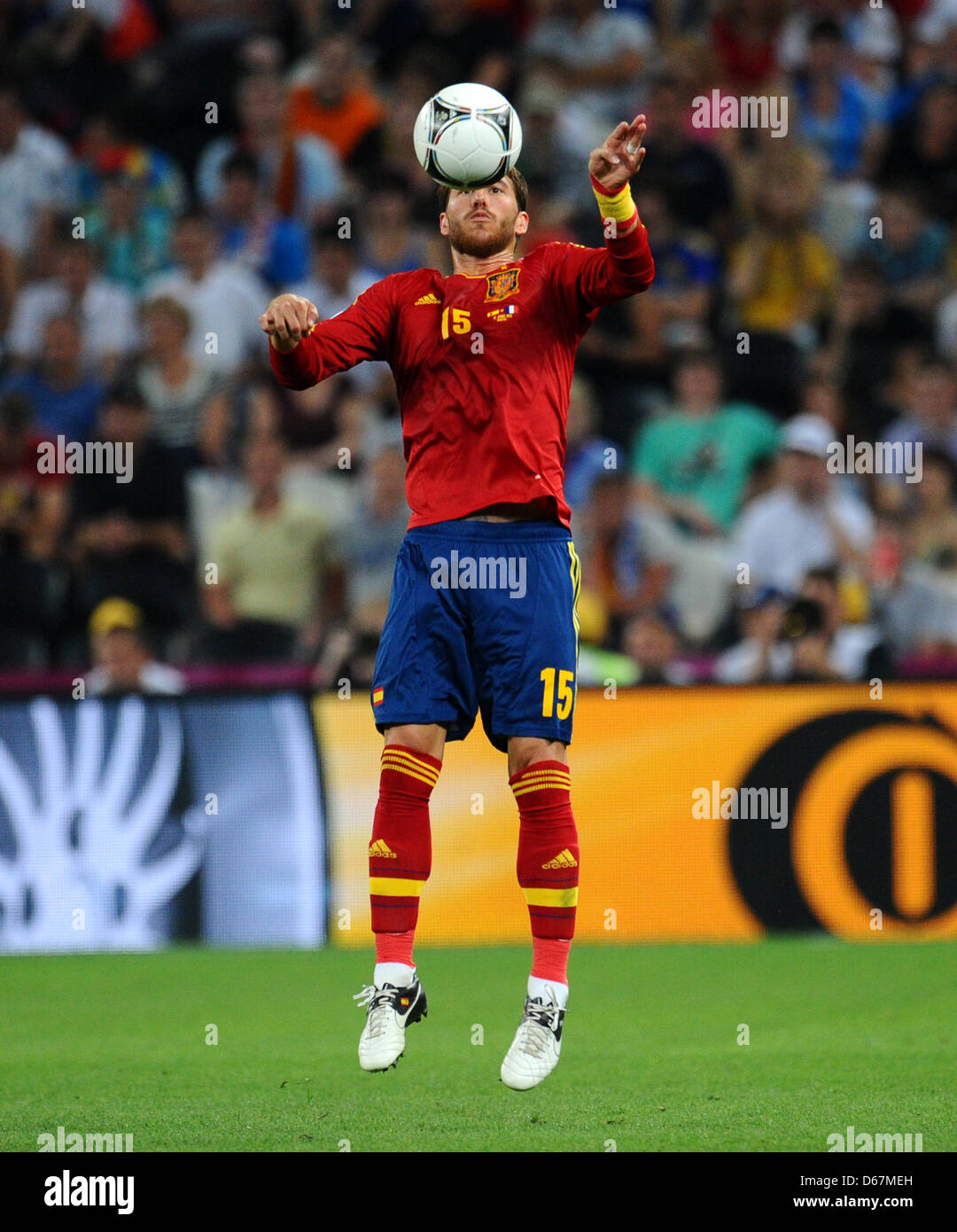Spain's Sergio Ramos controls the ball gestures during the UEFA EURO ...