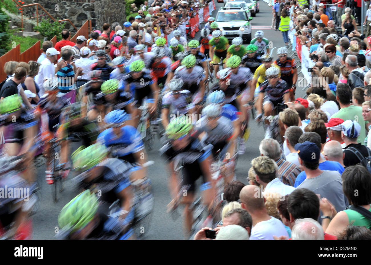 The field is pictured during a street race of the German Cycling ...
