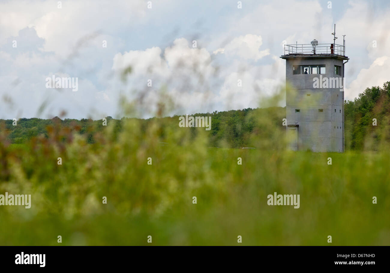 A former watchtower of the GDR is visible on an area of the open-air ...