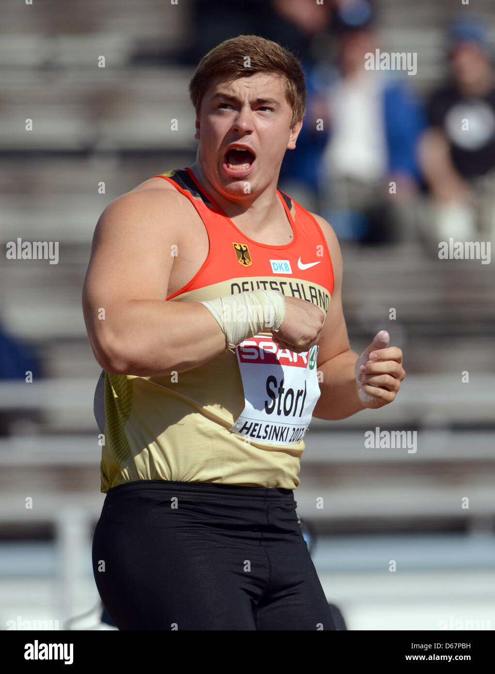 Germany's David Storl follows the trajectory of his shot in the Shot ...