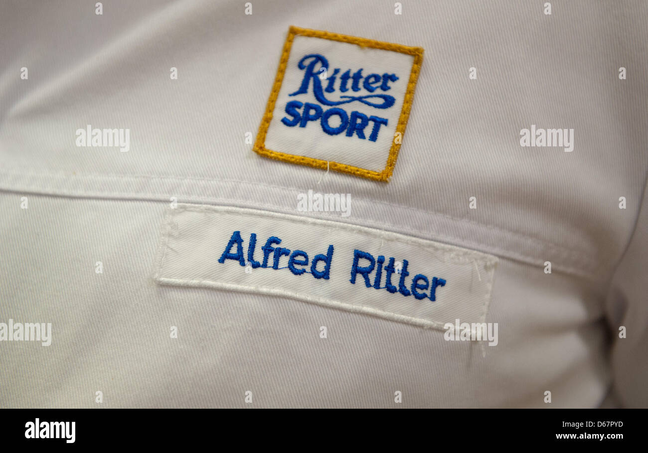 A badge with the name of the CEO of chocolate manufacturers Ritter ...