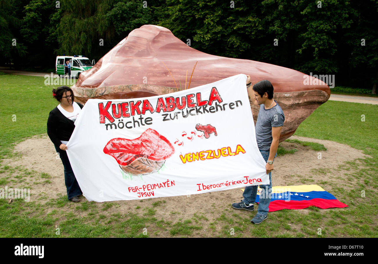 Protesters demand the return of a stone from Venezuela which currently ...