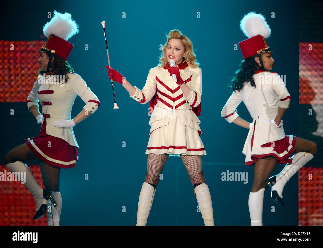 American singer Madonna performs on the stage at O2 World in Berlin ...