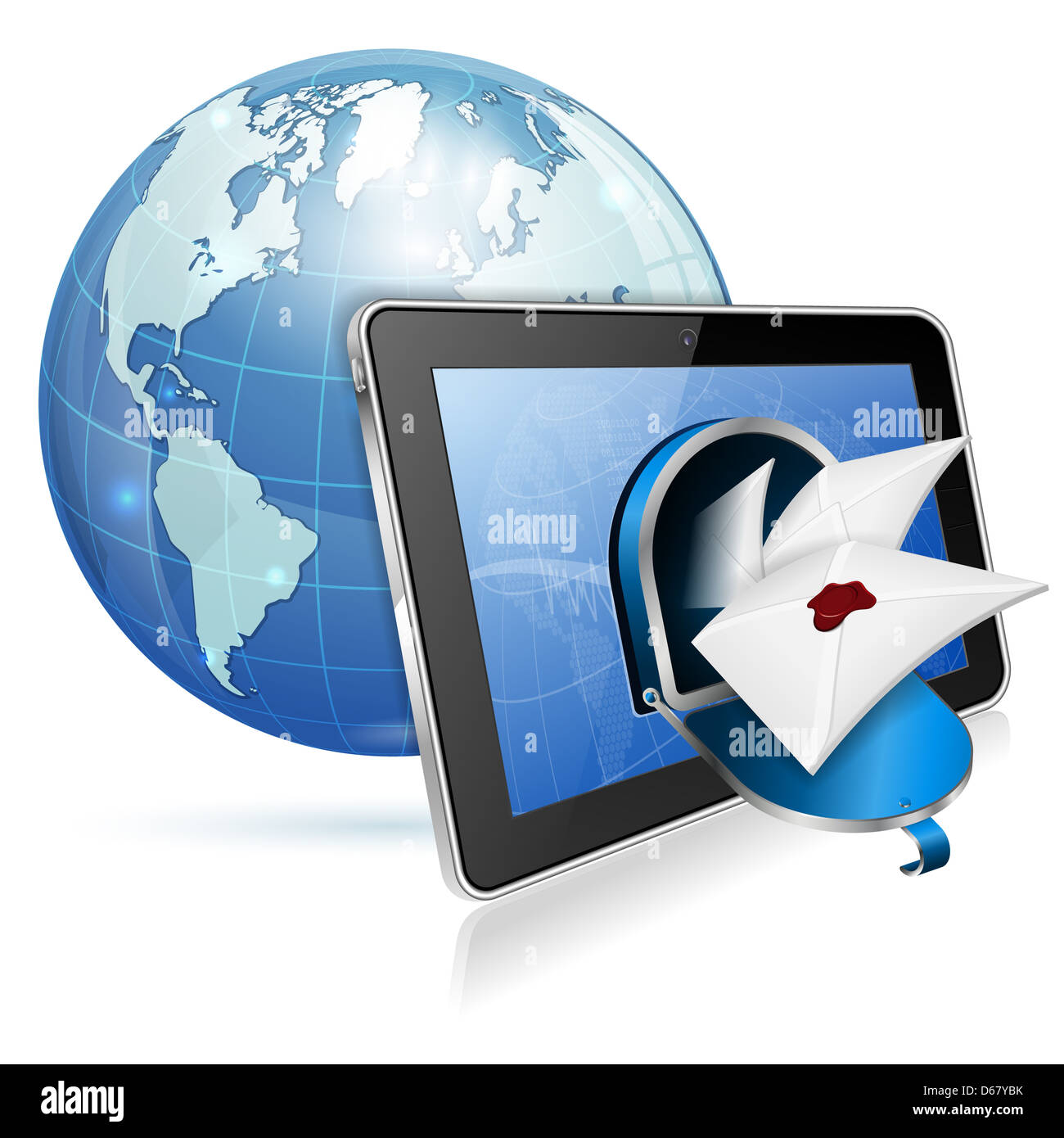 E-Mail concept - Open Mailbox with Mail on Screen Tablet PC and Earth ...