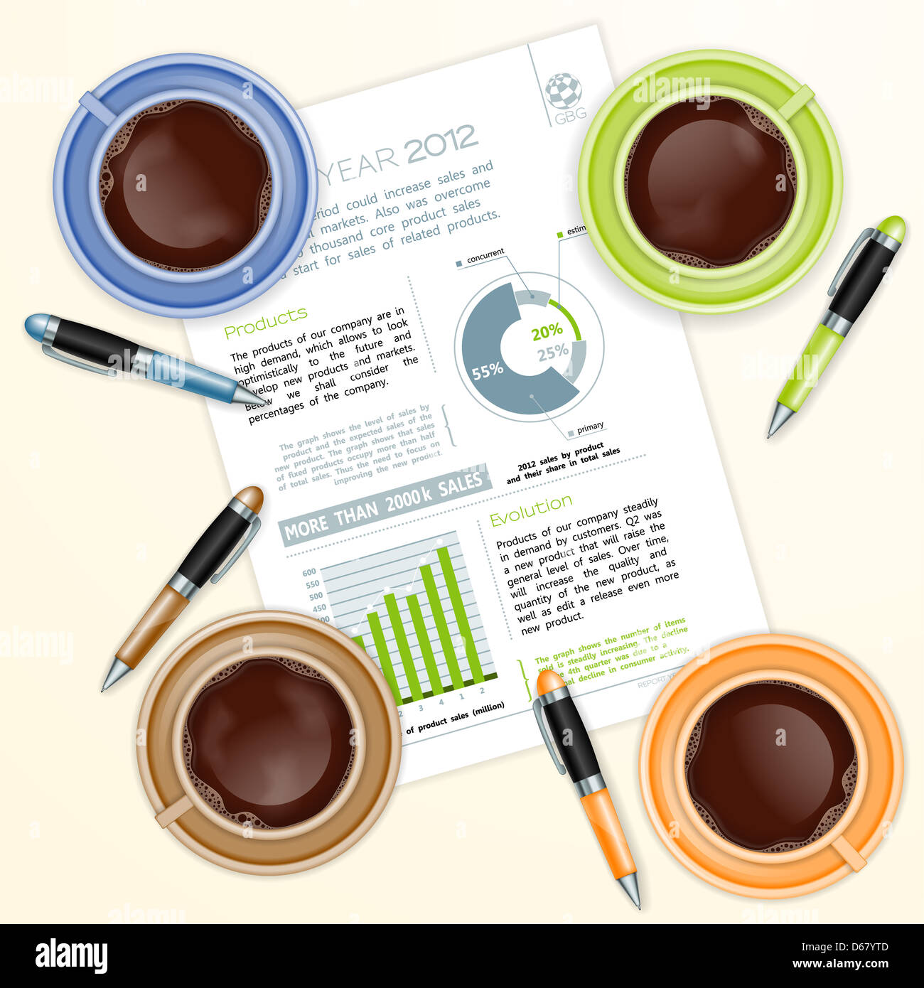 Teamwork Concept with Company Report, Coffee Cups and Pens ...
