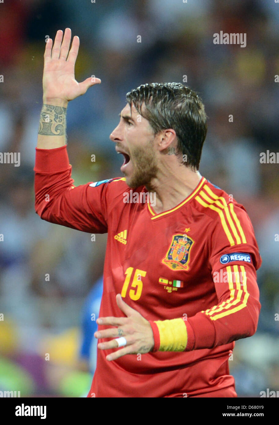 Spain's Sergio Ramos gestures during the UEFA EURO 2012 final soccer ...