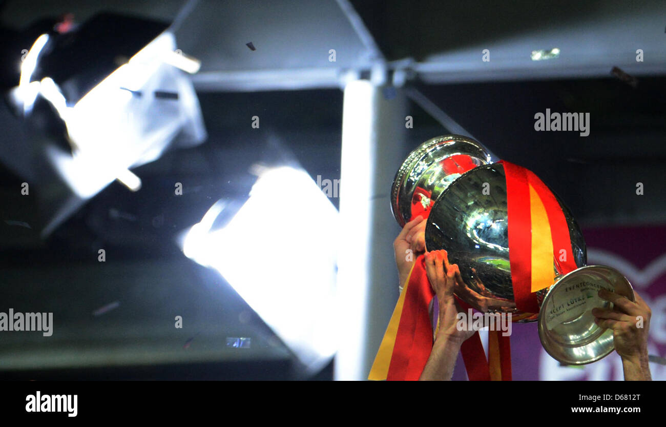 Spanish players lift the trophy after the UEFA EURO 2012 final soccer ...