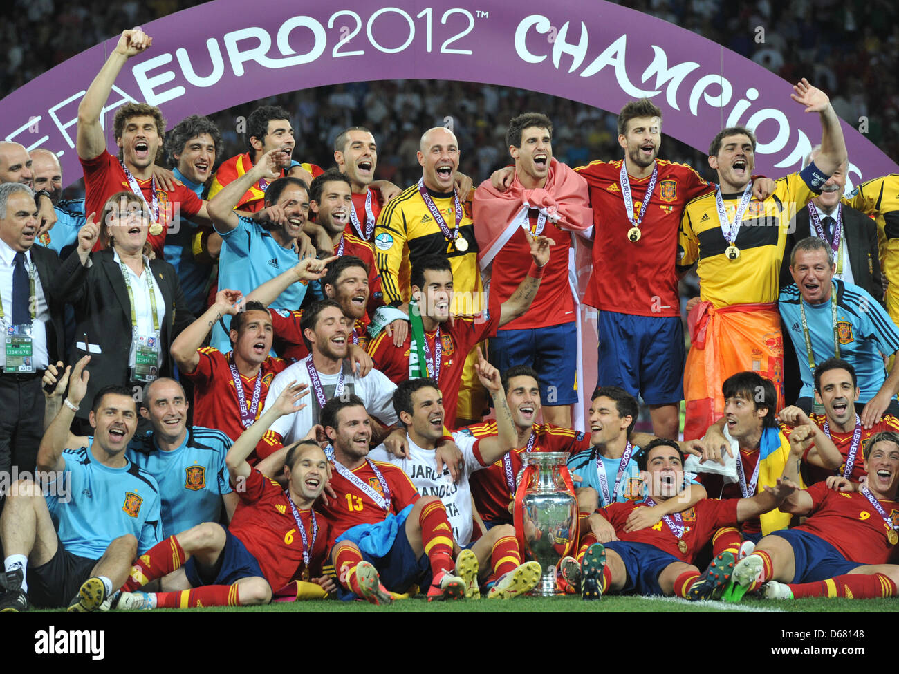 Spanish players pose with the trophy after winning the UEFA EURO 2012 ...