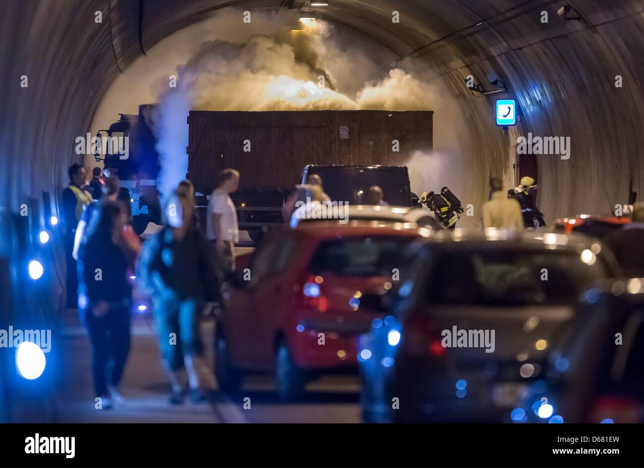 Members of the emergency service are pictured in the Rennsteig Tunnel ...