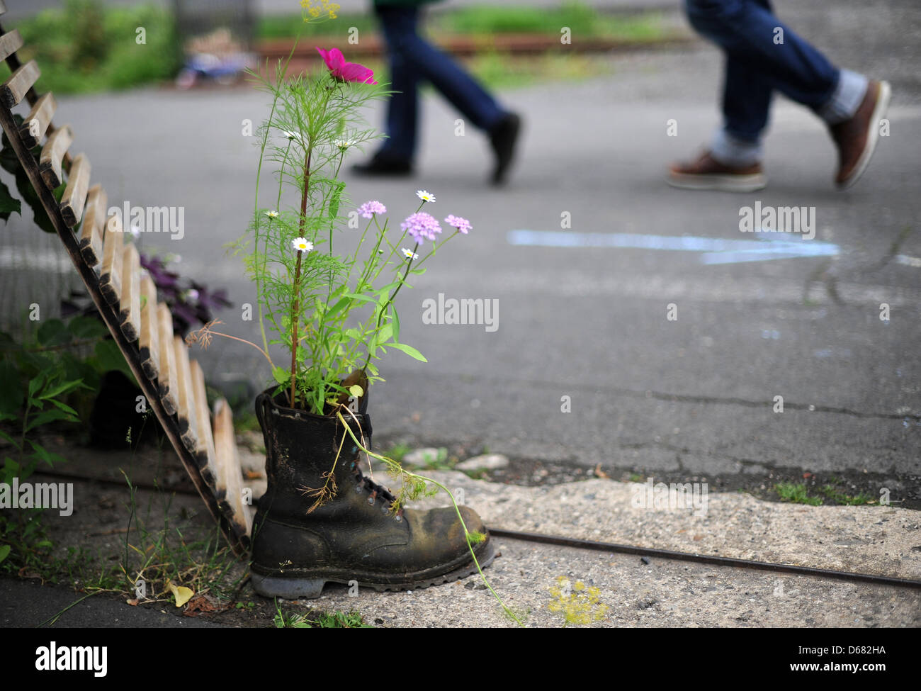 Flowers grow out of a boot on the premises of the main station in ...