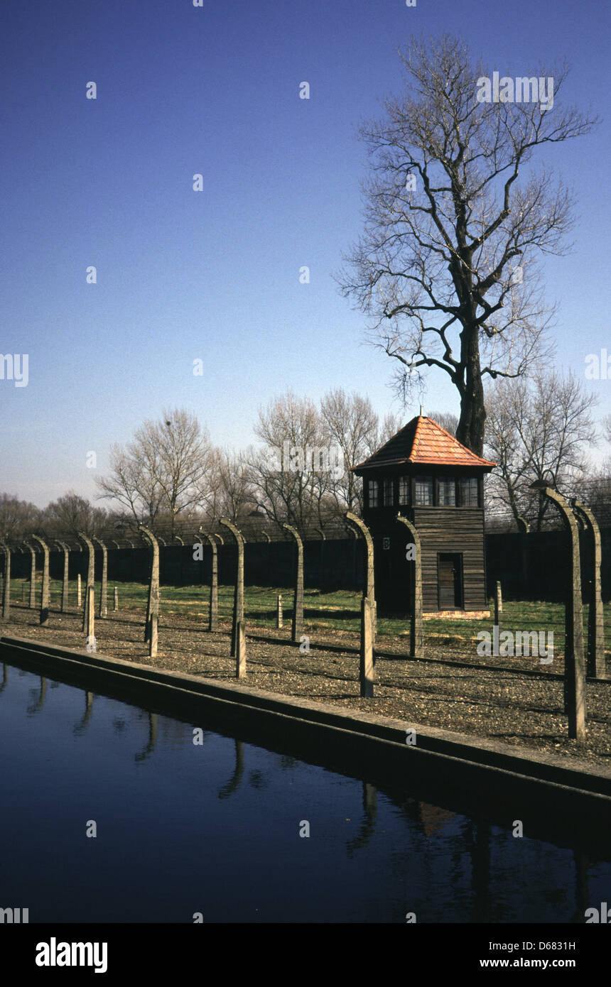 Watchtower and multi barbed wires surround Auschwitz concentration and ...