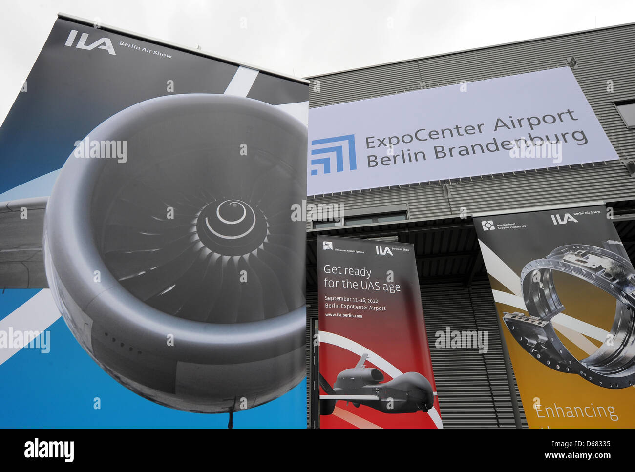 Signs for the ILA stand in front of the new exhibition hall in Selchow ...