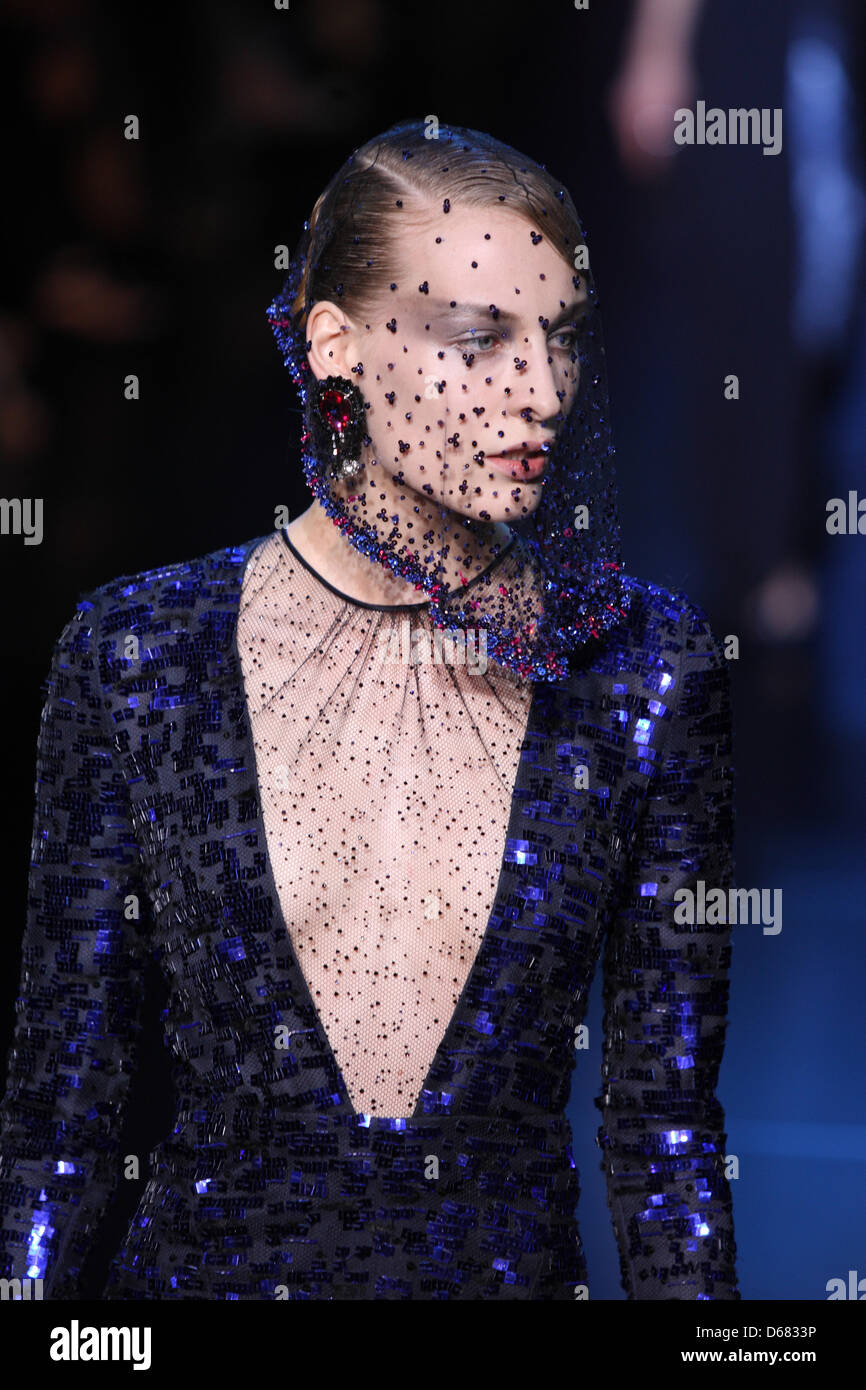 A model wears a creation of Italian designer Giorgio Armani as part of ...