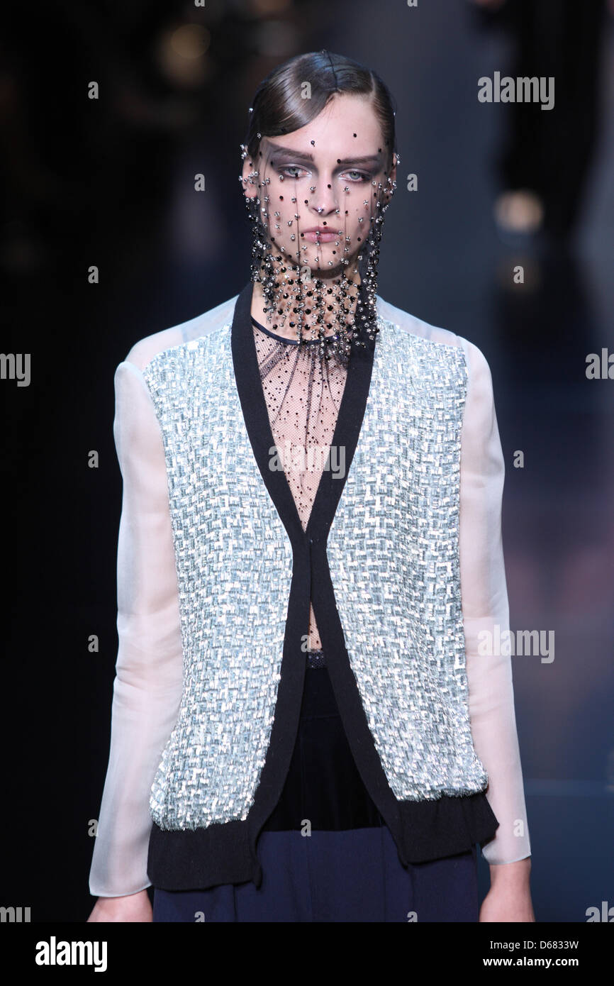 A model wears a creation of Italian designer Giorgio Armani as part of ...