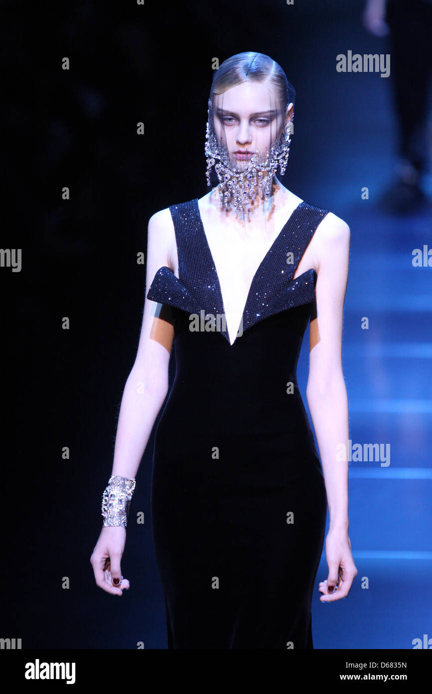 A model wears a creation of Italian designer Giorgio Armani as part of ...