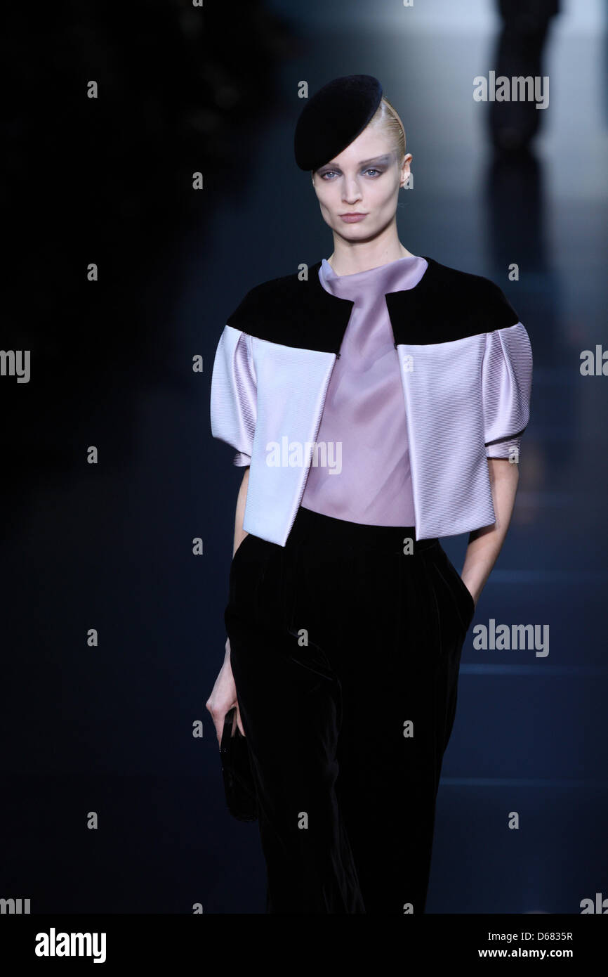 A model wears a creation of Italian designer Giorgio Armani as part of ...