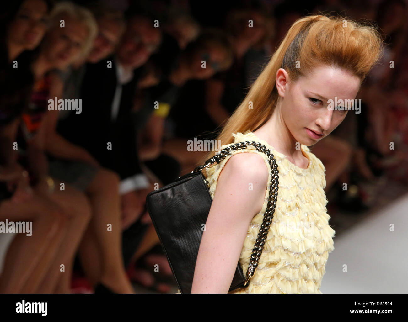 A model presents a creation at the Basler show during the Mercedes-Benz ...