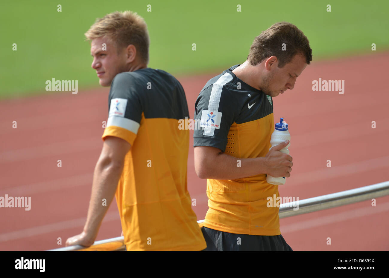 Players of Bundesliga club Werder Bremen Florian Trinks (L) and Philipp ...