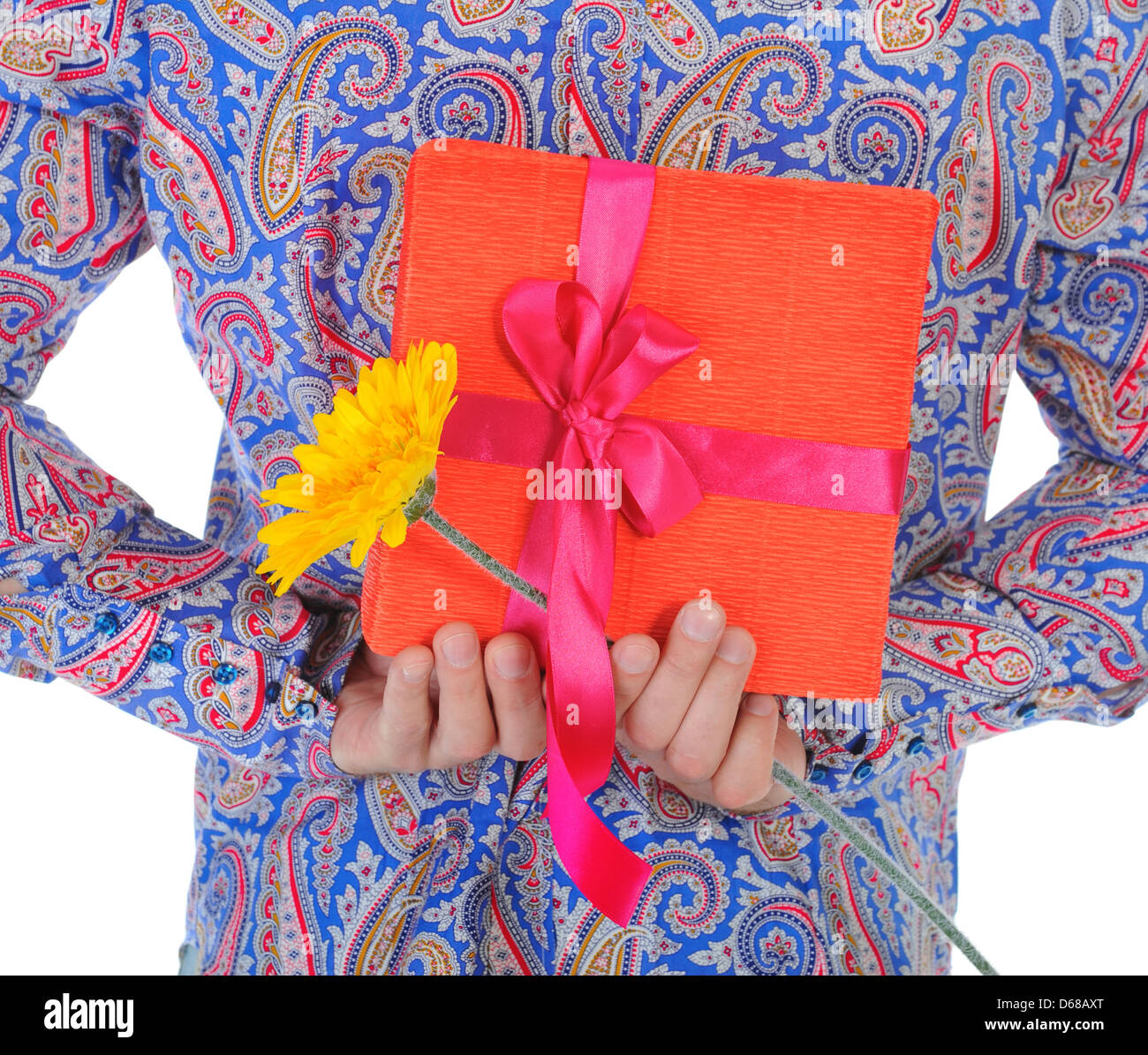 man with a gift box and a flower Stock Photo - Alamy