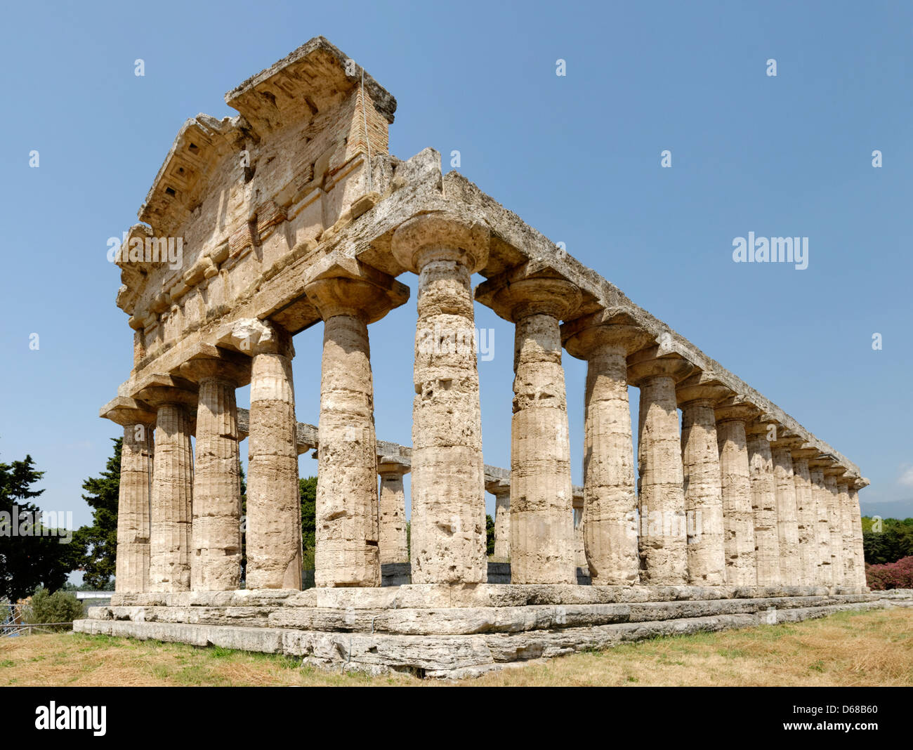 Paestum. Italy. The rear (facing west) and Sothern side of the Temple ...