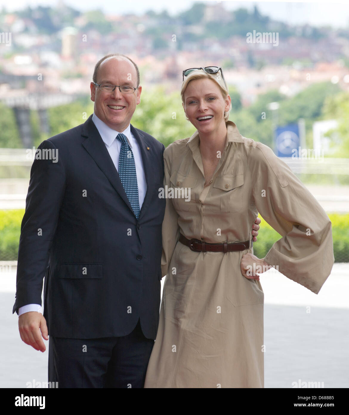Prince Albert II of Monaco and his wife Charlene stand in front of the ...