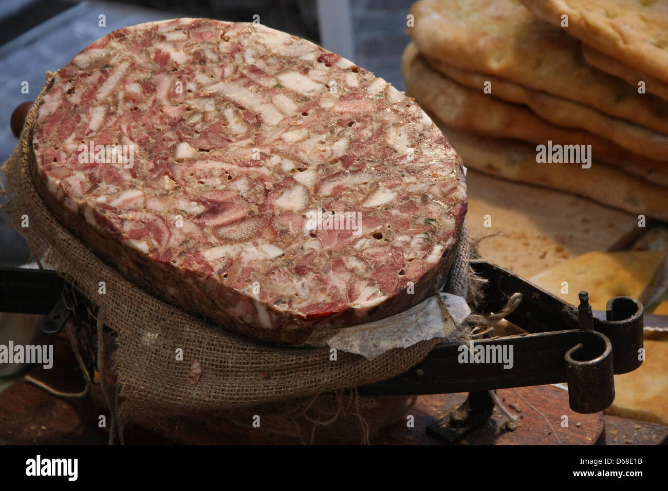 tasty and huge salami and bread sold at Italian street market Stock ...