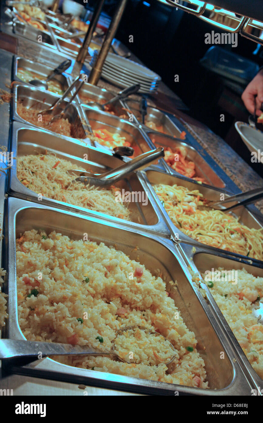 steel tray filled with food inside the self service Chinese restaurant ...
