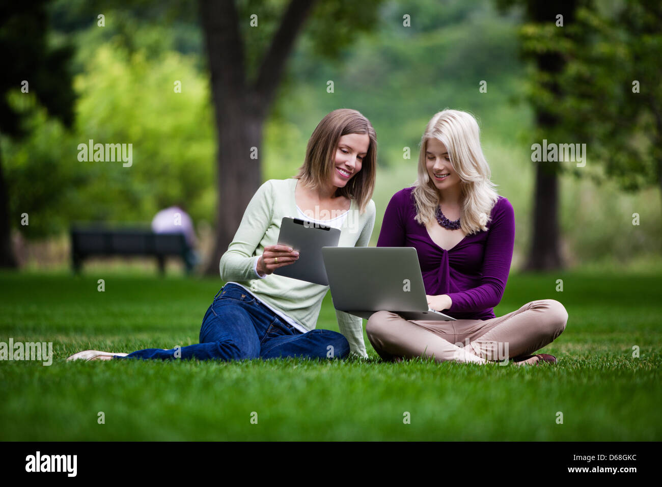 Young Women in Park with Tech Stock Photo - Alamy
