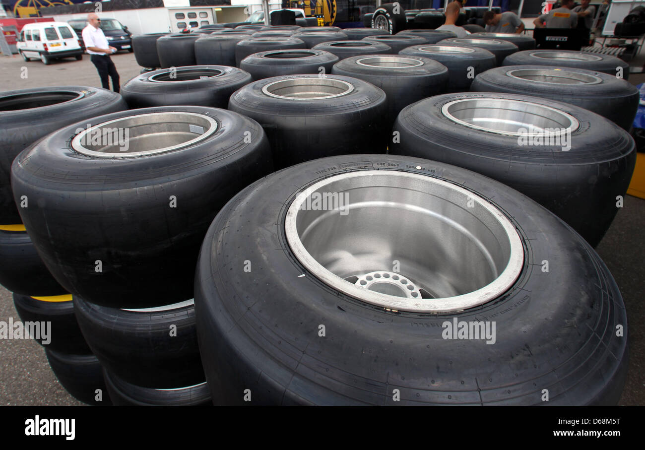 Tyres lie in the paddock at Hockenheimring race track in Hockenheim ...
