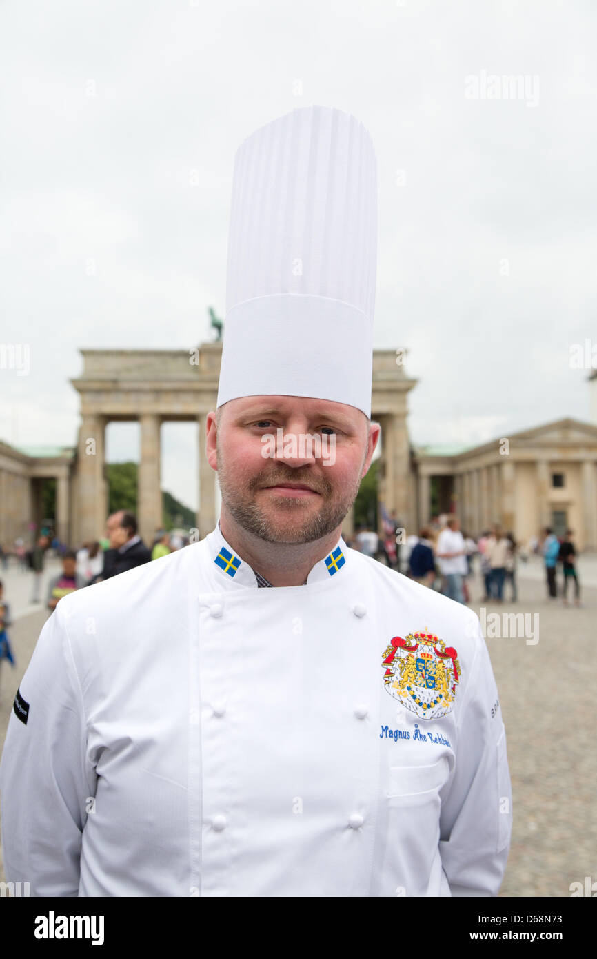 Swedish chef Magnus Ake Rehbaeck poses in front of Brandenburg Gate in ...