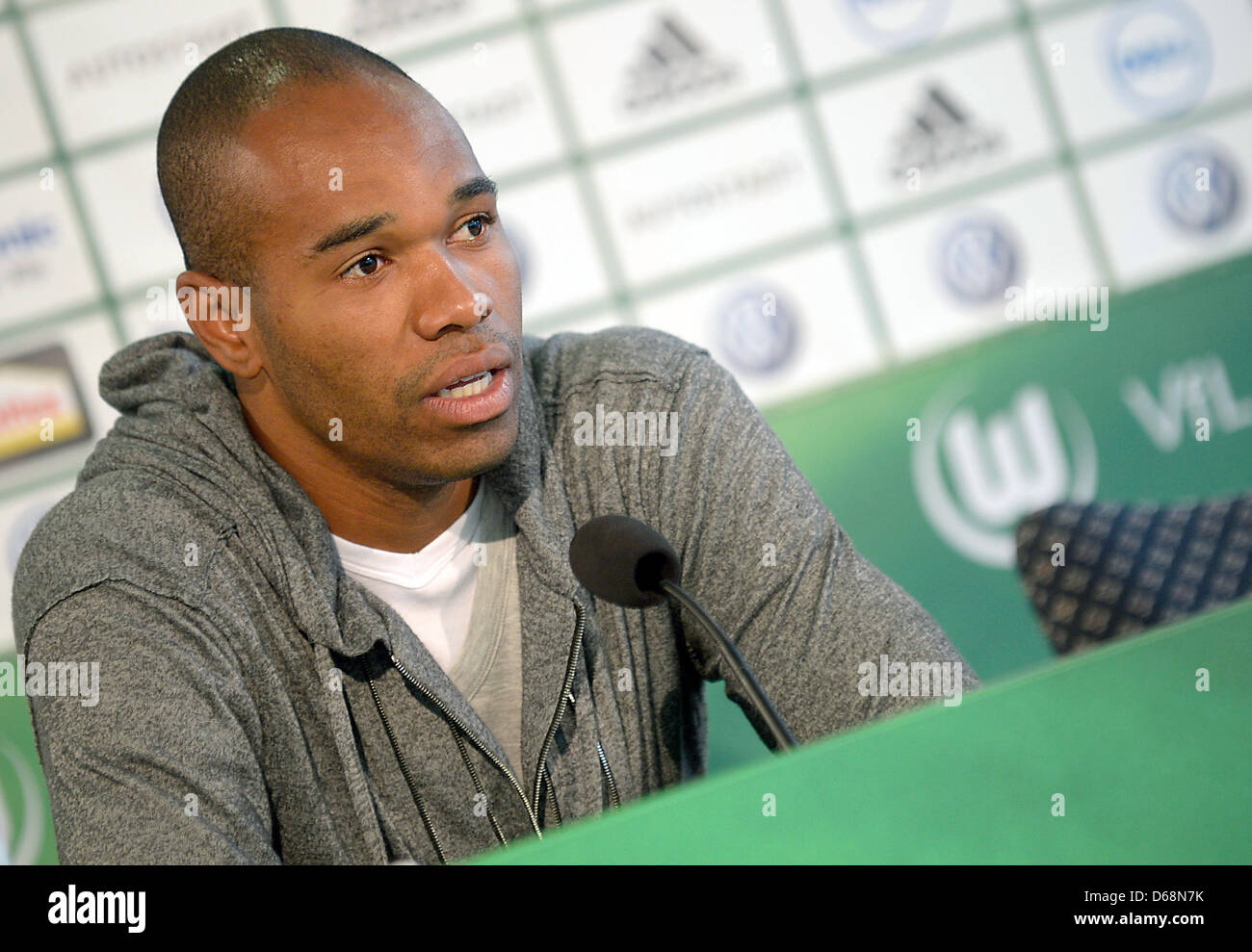 Wolfsburg's new player Naldo speaks during his presentation at a press ...