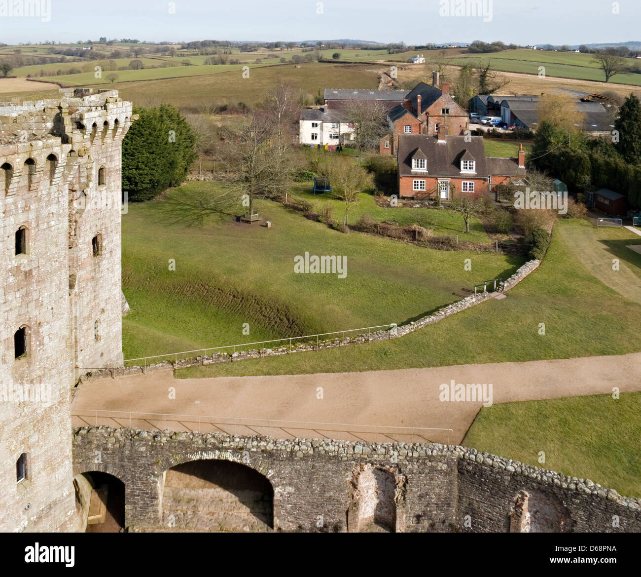 Farm and open countryside at Raglan Castle seen from one of the towers ...