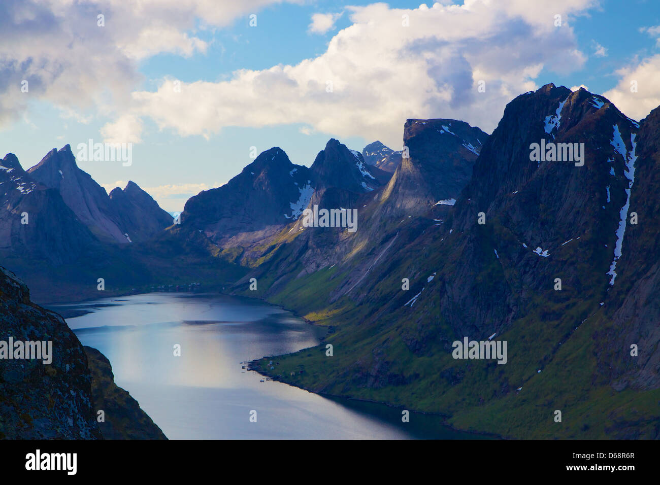 Aerial view of deep dark fjord on Lofoten islands in Norway Stock Photo ...
