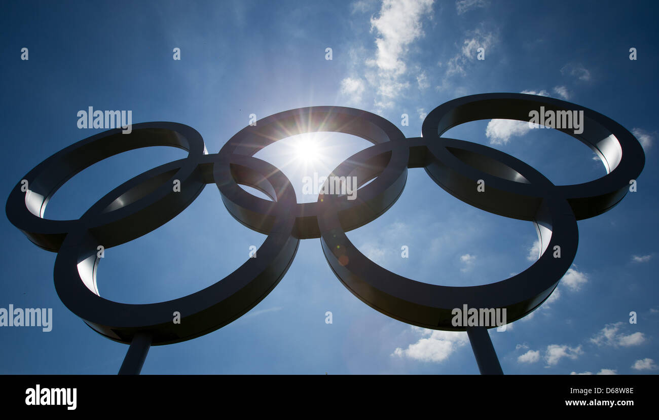 The Olympic rings are seen next to the Velodrome in the Olympic park in ...