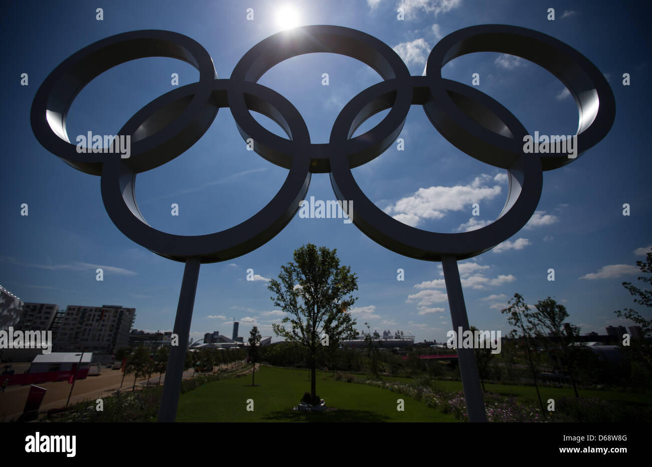 The Olympic rings are seen next to the Velodrome in the Olympic park in ...