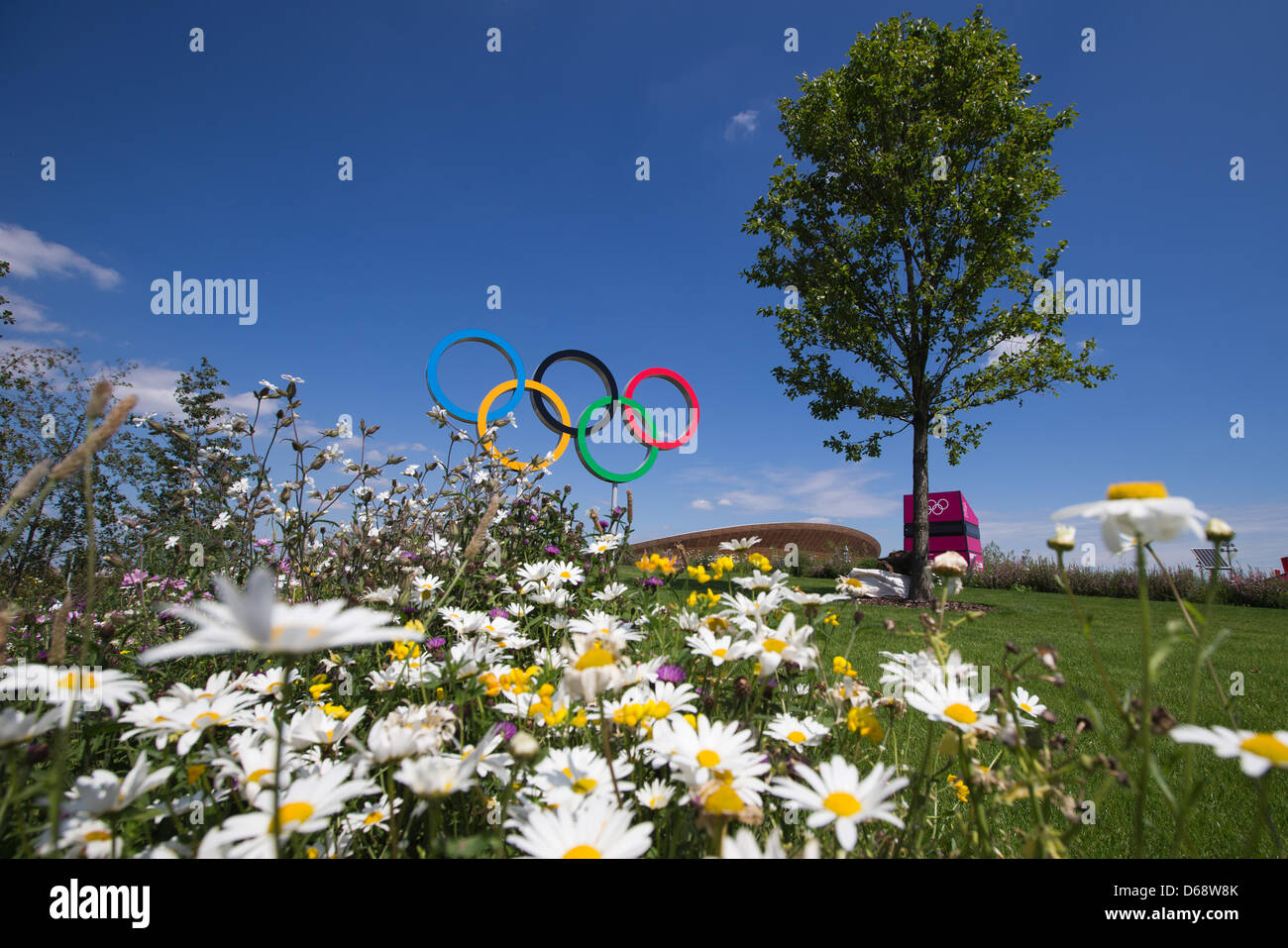 The Olympic rings are seen next to the Velodrome in the Olympic park in ...