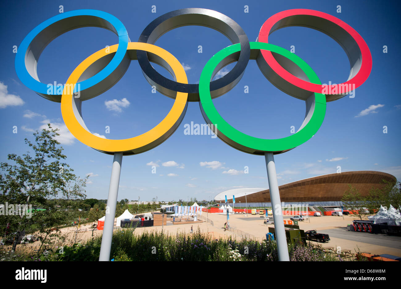 The Olympic rings are seen next to the Velodrome in the Olympic park in ...