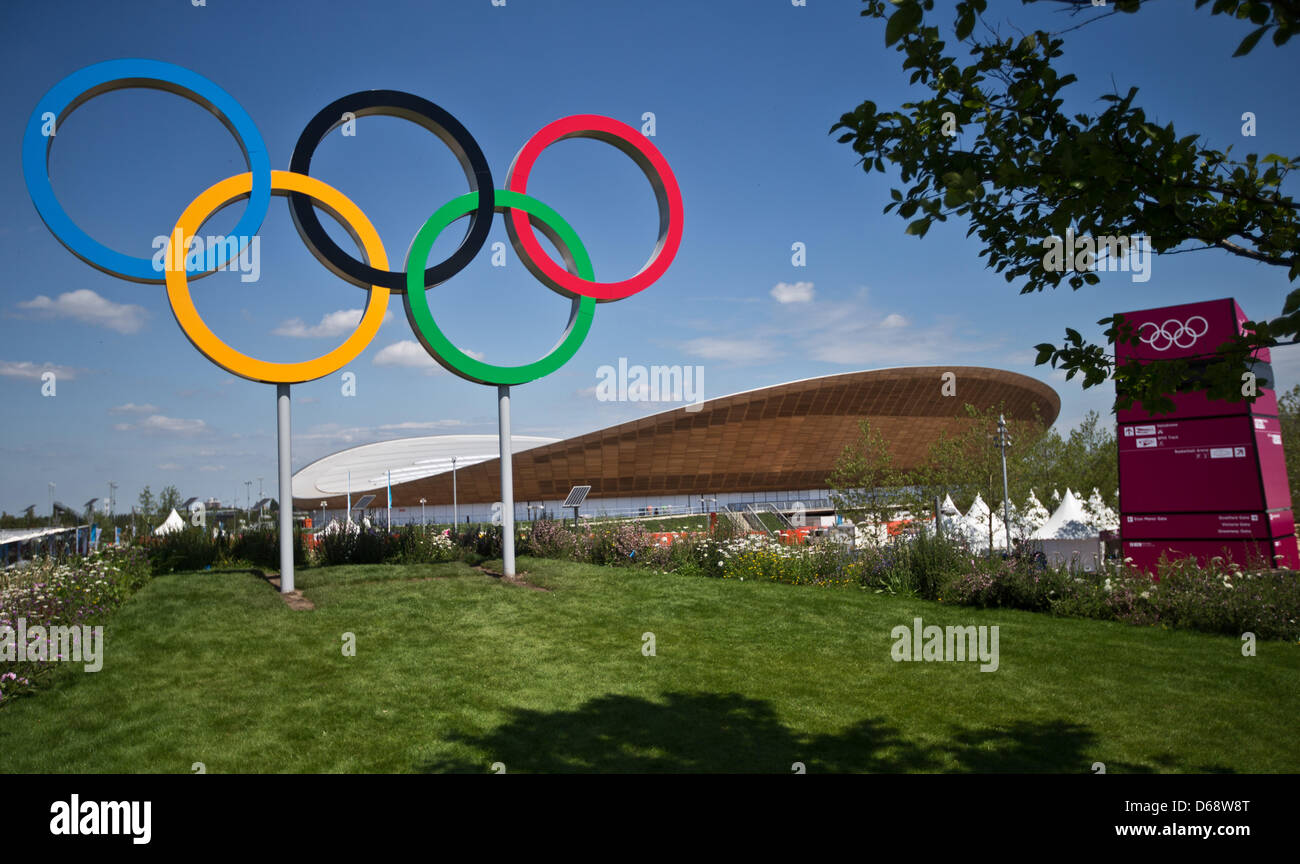 The Olympic rings are seen next to the Velodrome in the Olympic park in ...