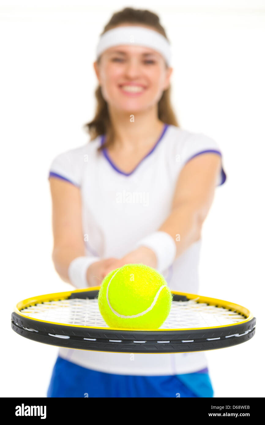 Closeup on ball on racket in hand of female tennis player Stock Photo ...