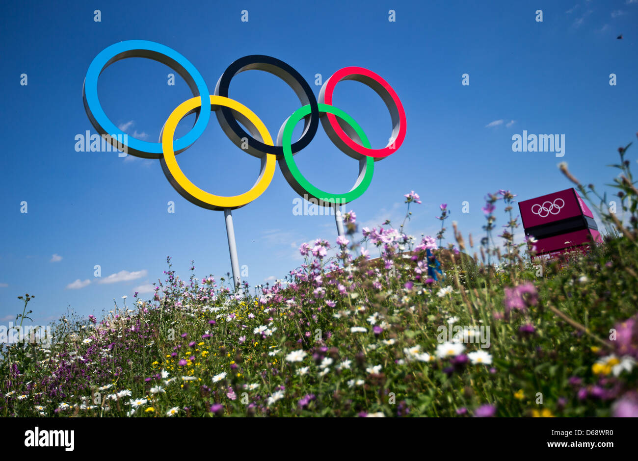 The Olympic rings are seen next to the Velodrome in the Olympic park in ...