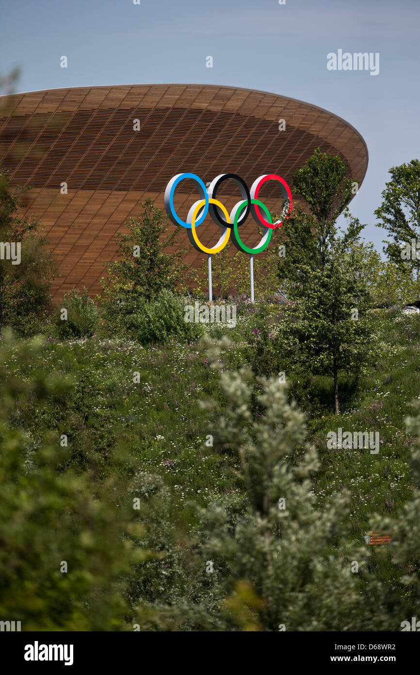 The Olympic rings are seen next to the Velodrome in the Olympic park in ...