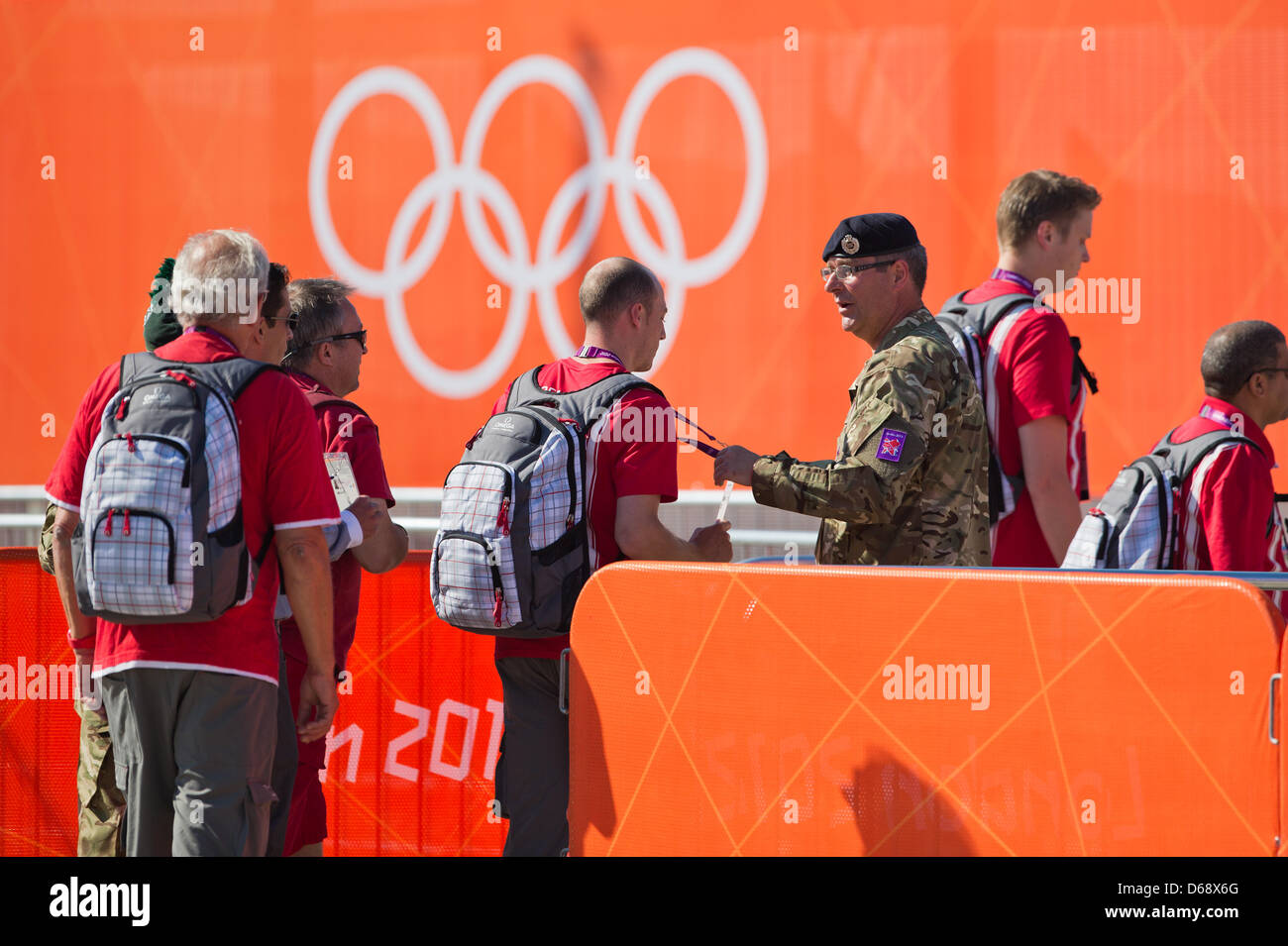 British Soldiers check the permission at the Gate to the Olympic park ...