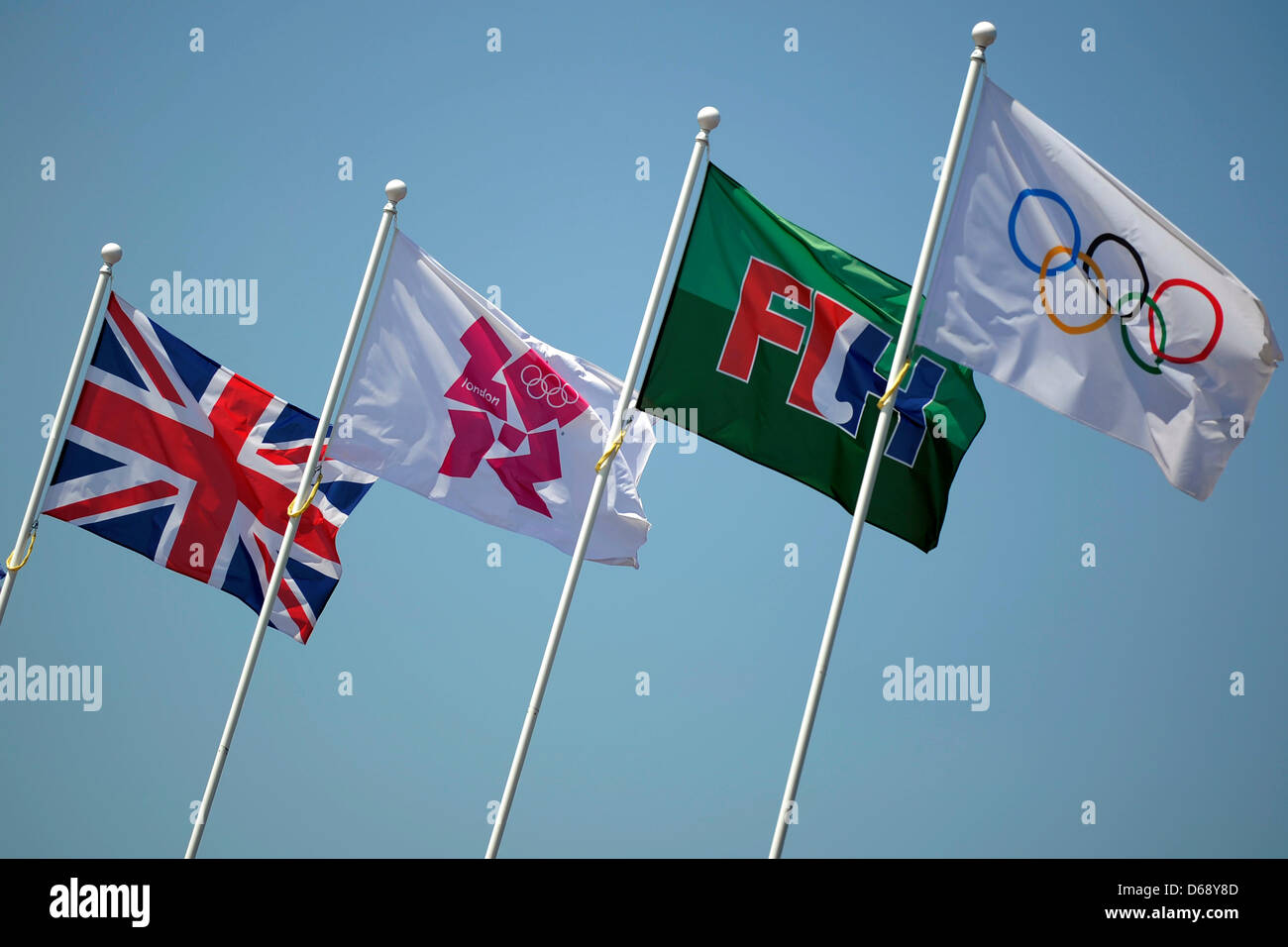 The british and the Olympic flags seen in the Olympic park in London ...