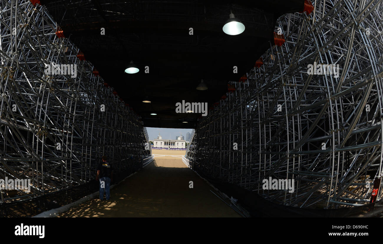 Through the scaffolding of the Olympic Equestrian Stadium at Greenwich ...