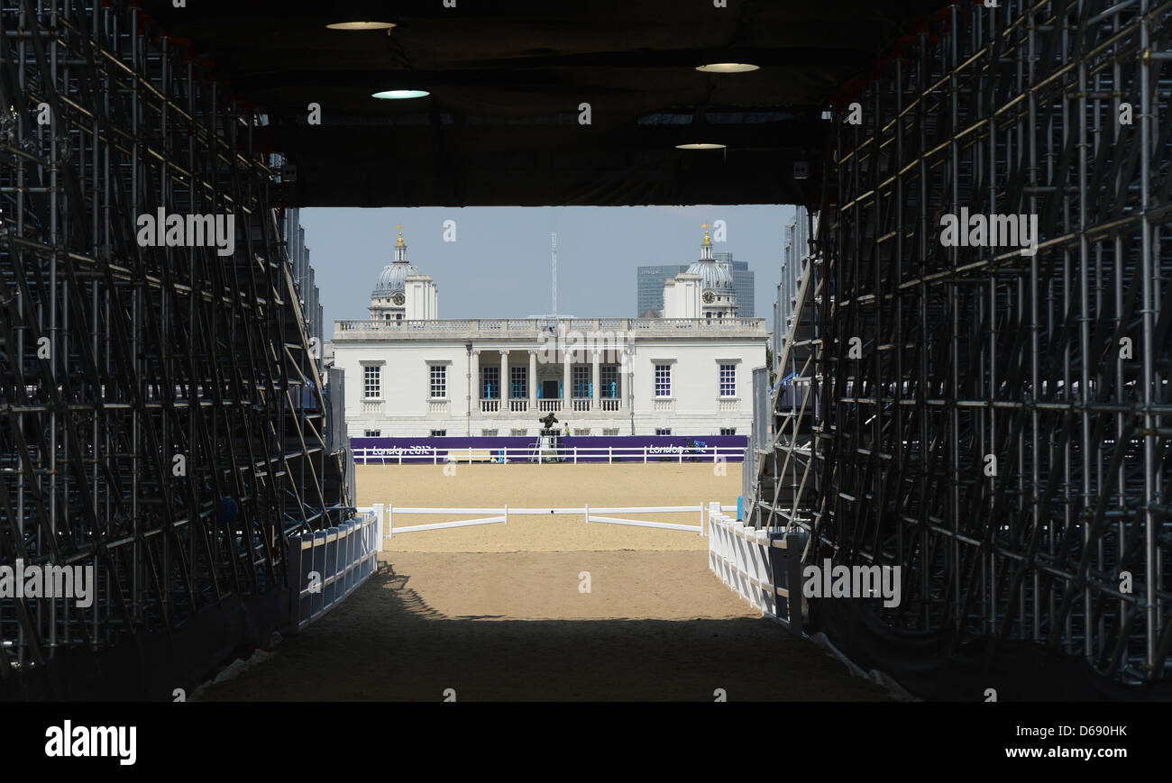 Through the scaffolding of the Olympic Equestrian Stadium at Greenwich ...