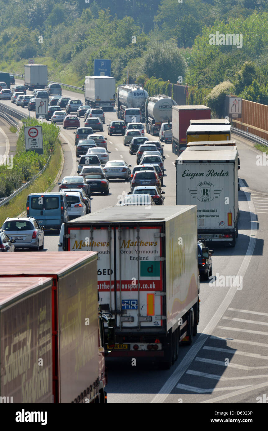Cars queue on the A8 Autobahn near Karlsruhe, Germany, 27 July 2012 ...